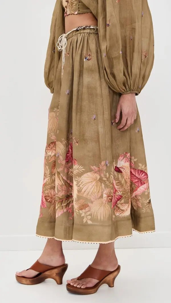 Zimmermann Ascension Midi Skirt - Khaki Palm Floral